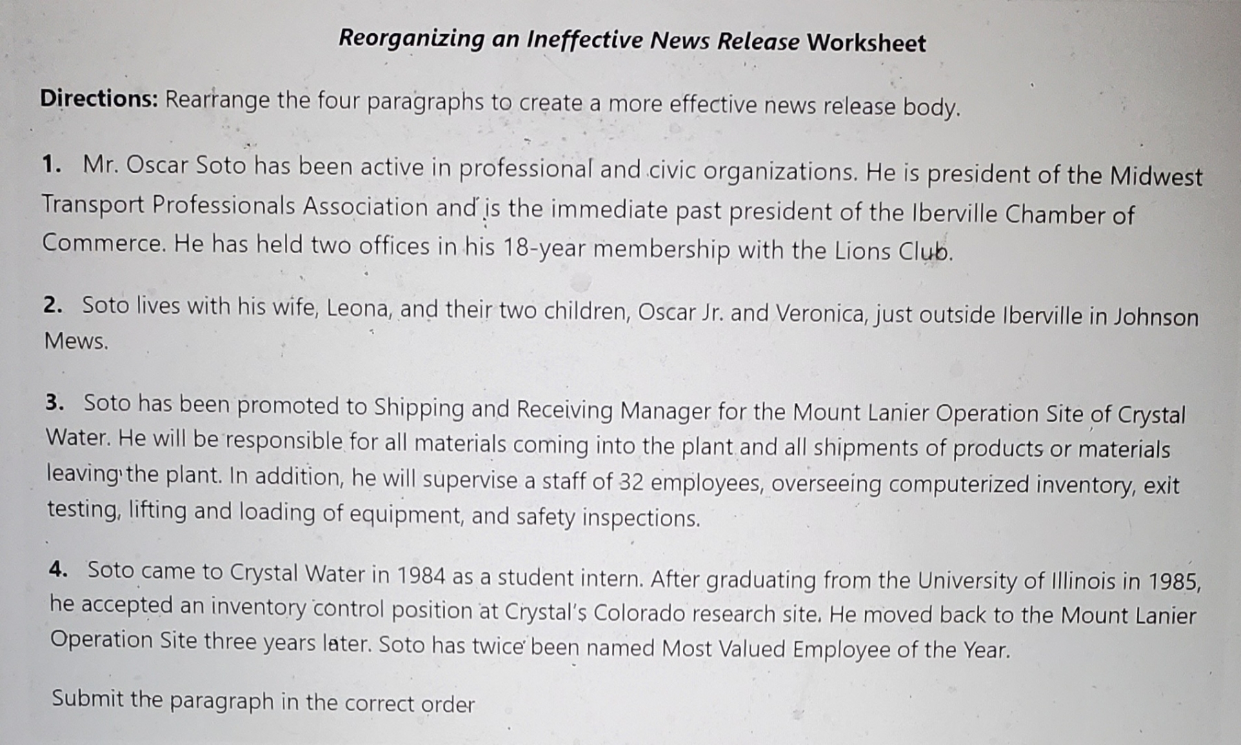 Solved How to solve Reorganizing an Ineffective News Release | Chegg.com