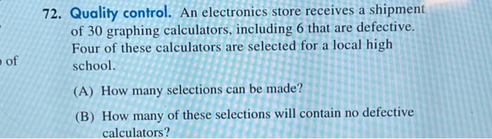 of 72. Quality control. An electronics store receives | Chegg.com