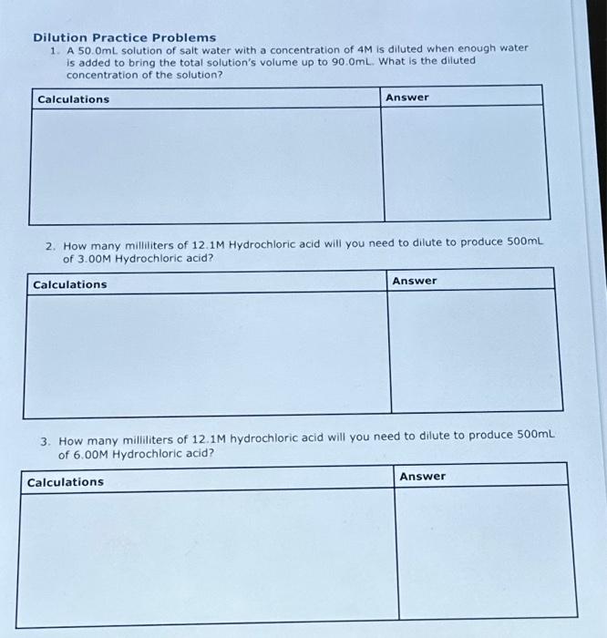 Solved Dilution Practice Problems 1. A 50.0mL solution of | Chegg.com