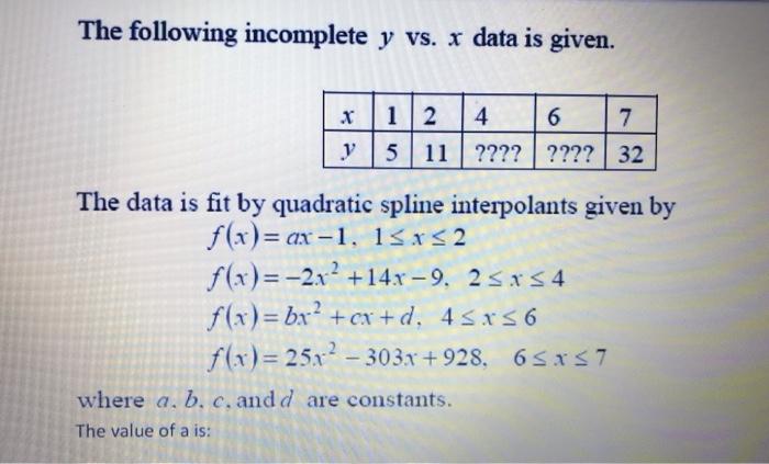 Solved The following incomplete y vs. x data is given. x 12 | Chegg.com