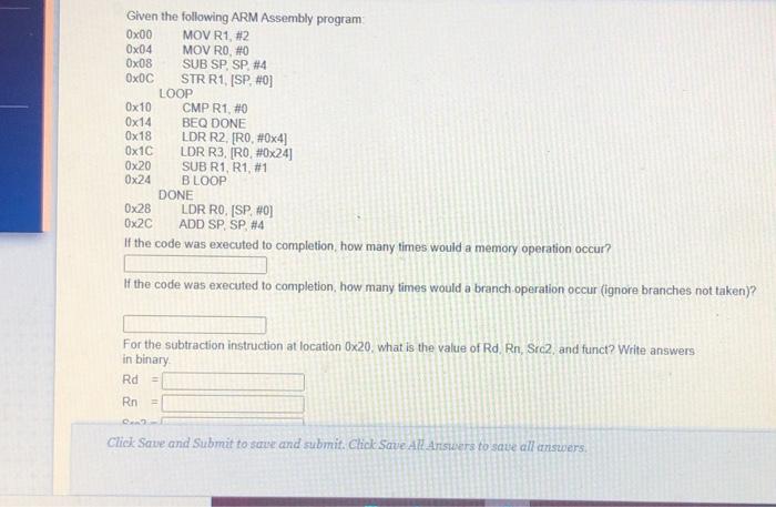 Solved Given the following ARM Assembly program 0x00 MOV R1, | Chegg.com