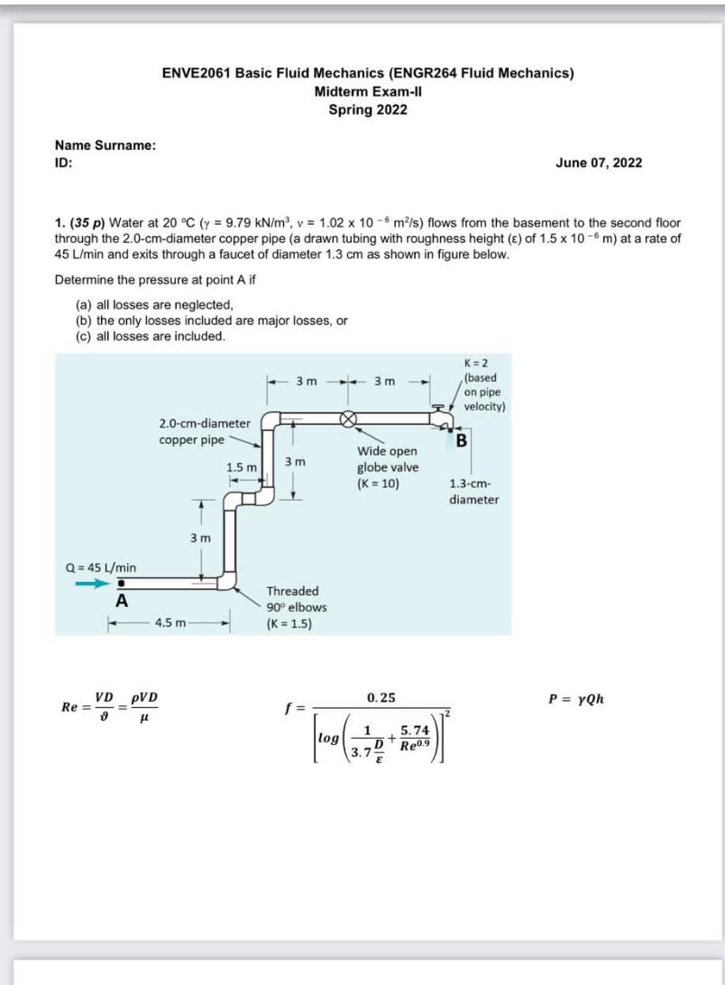 Solved ENVE2061 ﻿Basic Fluid Mechanics (ENGR264 ﻿Fluid | Chegg.com