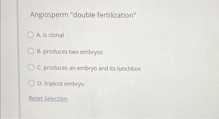 Solved Angiosperm "double fertilization" O A. is clonal O B. | Chegg.com