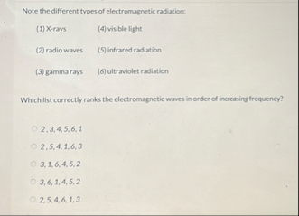 Solved Note the different types of electromagnetic | Chegg.com