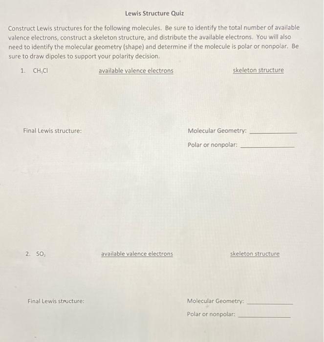 Solved Lewis Structure Quiz Construct Lewis structures for | Chegg.com