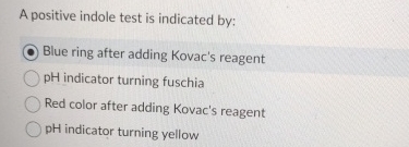 Solved A positive indole test is indicated by:Blue ring | Chegg.com