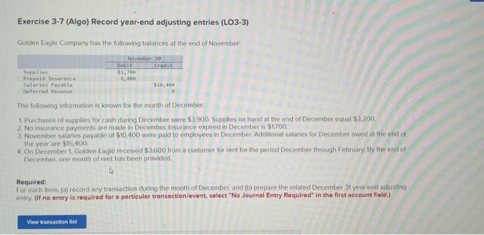Solved Exercise 3-7 (Algo) Record year-end adjusting entries | Chegg.com