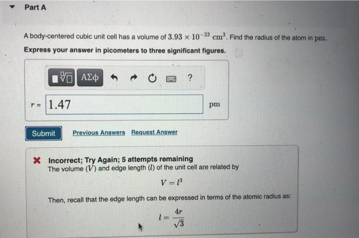 Solved A body-centered cubic unit cell has a volume of | Chegg.com