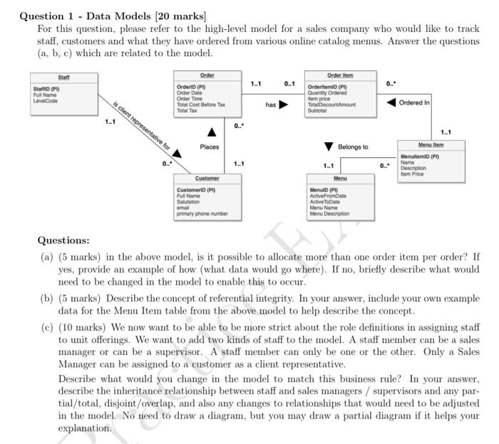 Solved Question 1 - Data Models [20 marks] For this | Chegg.com