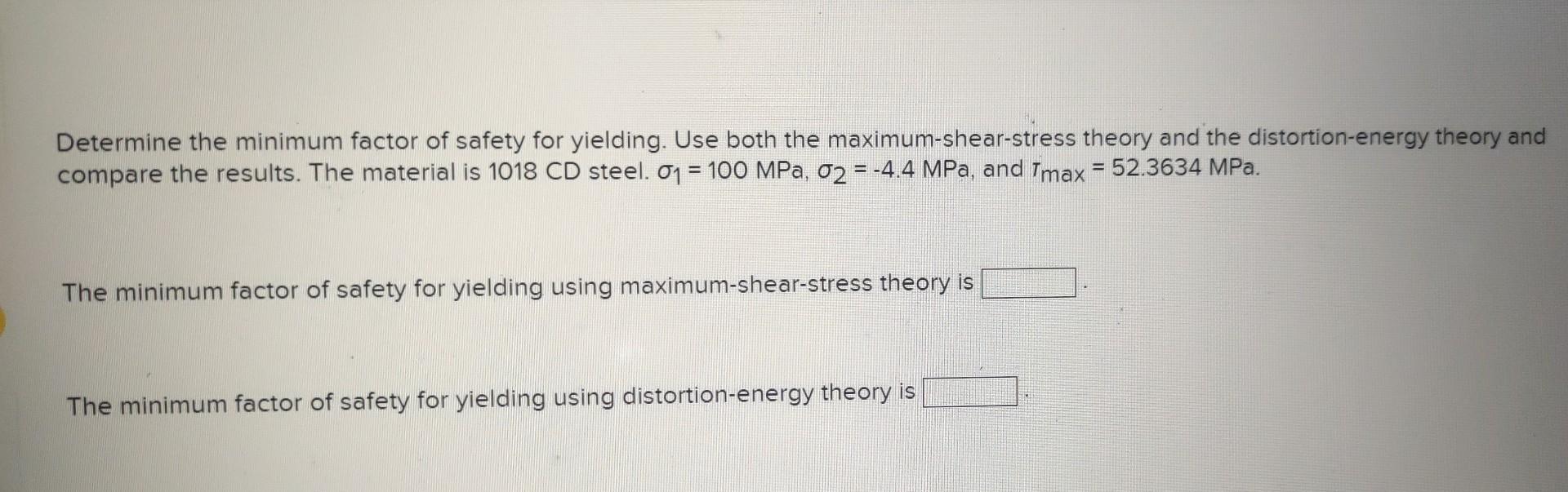 Solved Determine the minimum factor of safety for yielding. | Chegg.com