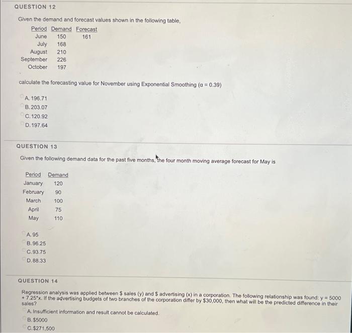 Solved QUESTION 12 Given the demand and forecast values | Chegg.com