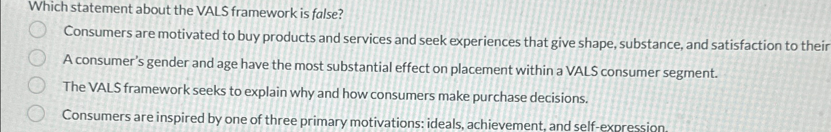 Solved Which statement about the VALS framework is | Chegg.com