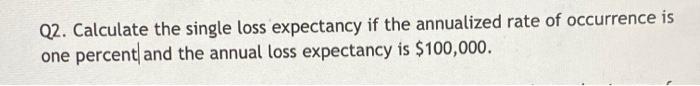 Solved Q2. Calculate the single loss expectancy if the | Chegg.com