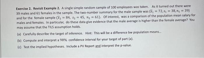 Solved Exercise 2. Revisit Example 2. A single simple random | Chegg.com