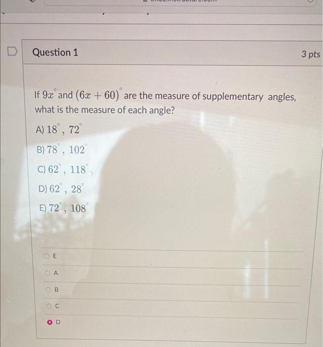 Solved If 9x∘ and (6x+60)∘ are the measure of supplementary | Chegg.com