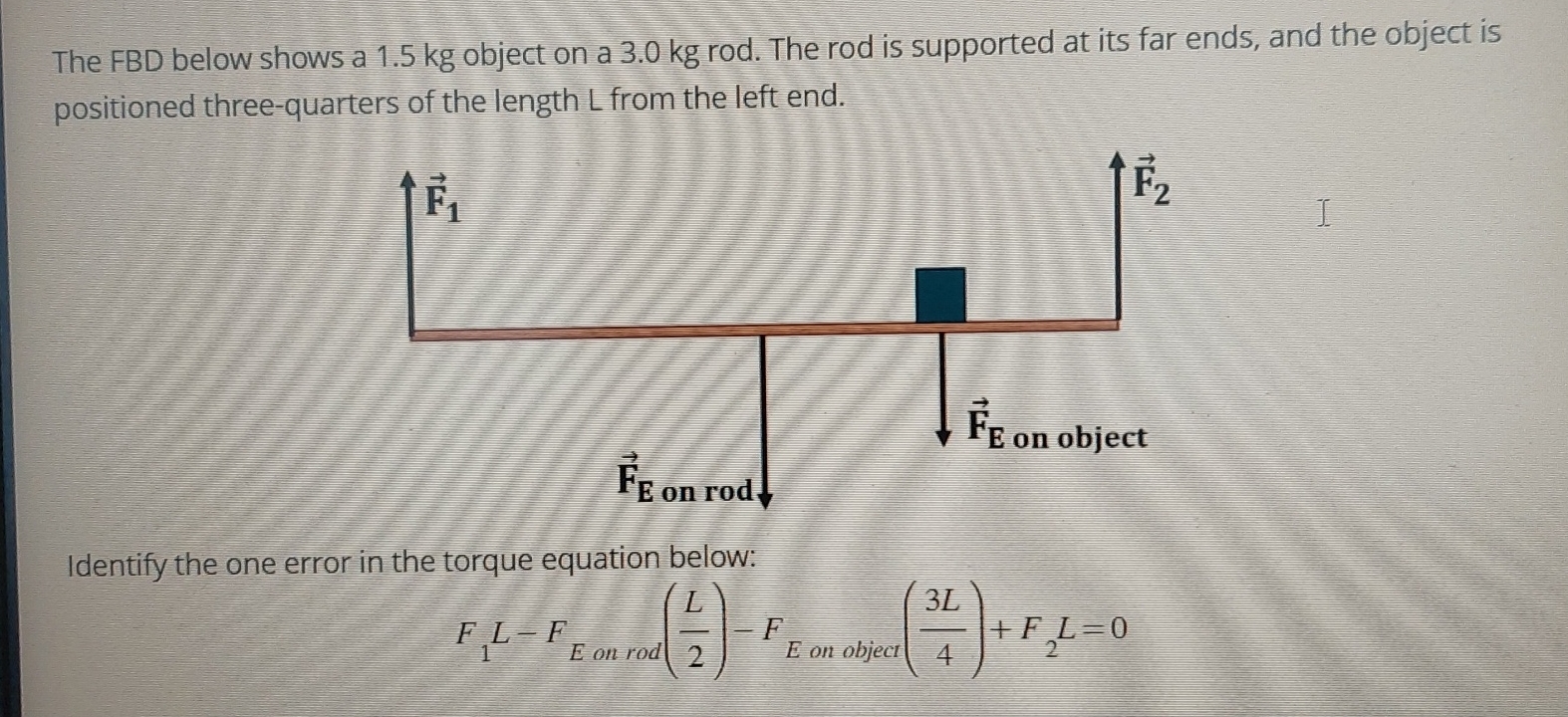 Solved The FBD below shows a 1.5kg ﻿object on a 3.0kg ﻿rod. | Chegg.com
