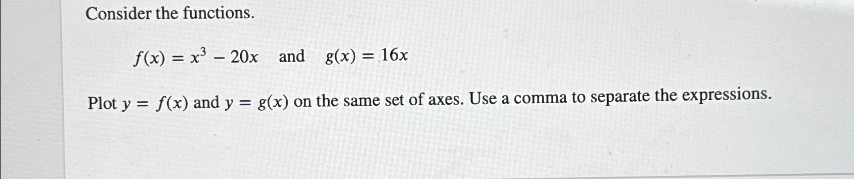 Consider the functions.f(x)=x3-20x ﻿and g(x)=16xPlot | Chegg.com