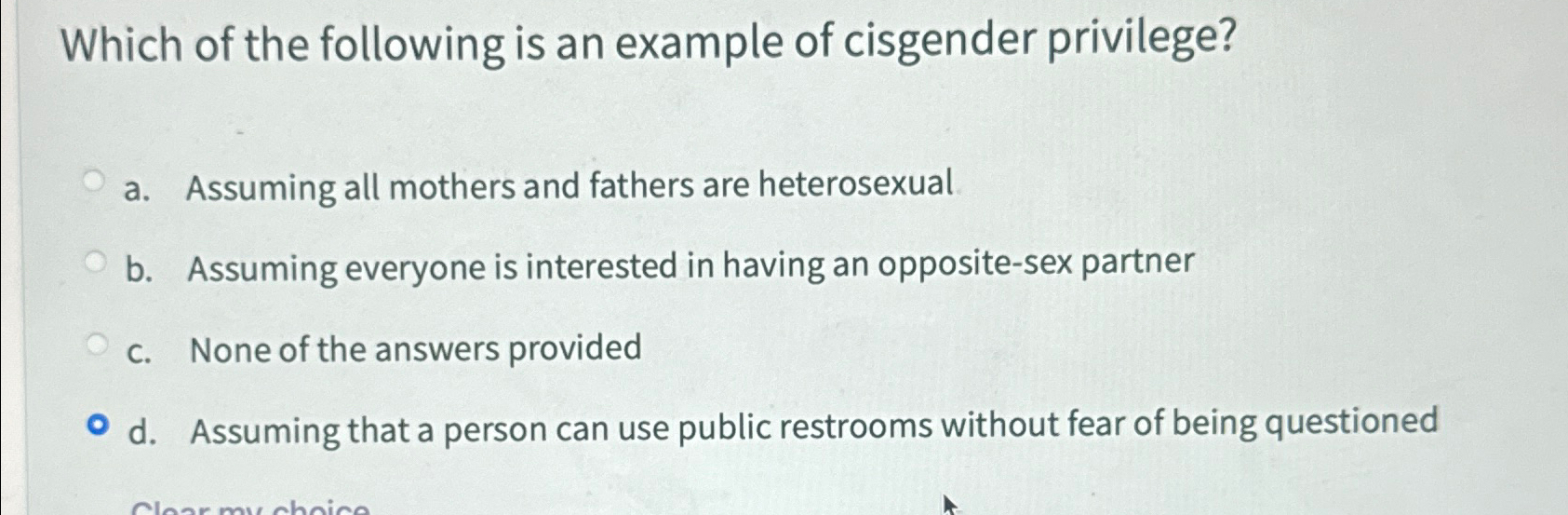 Solved Which of the following is an example of cisgender | Chegg.com