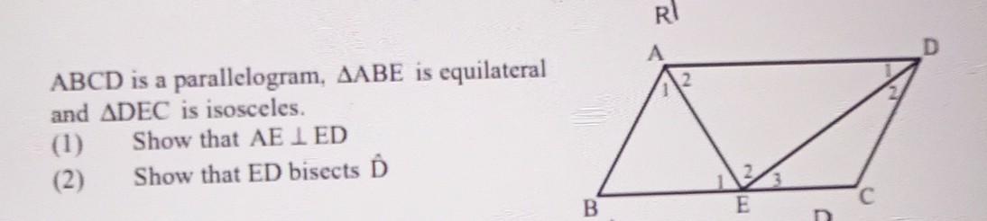 Solved ABCD is a parallelogram, ABE is equilateral and DEC | Chegg.com