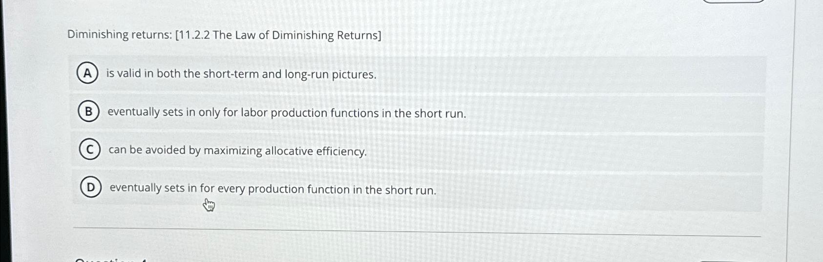 Solved Diminishing returns: [11.2.2 ﻿The Law of Diminishing | Chegg.com