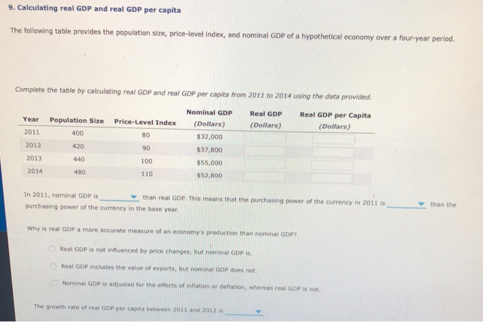Solved 9. Calculating real GDP and real GDP per capita The | Chegg.com