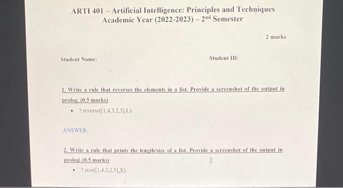Solved ARTI 401 - Artificial Intelligence: Principles and | Chegg.com