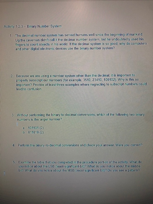 Solved Activity 1.2.3 -- Binary Number System 1. The decimal | Chegg.com