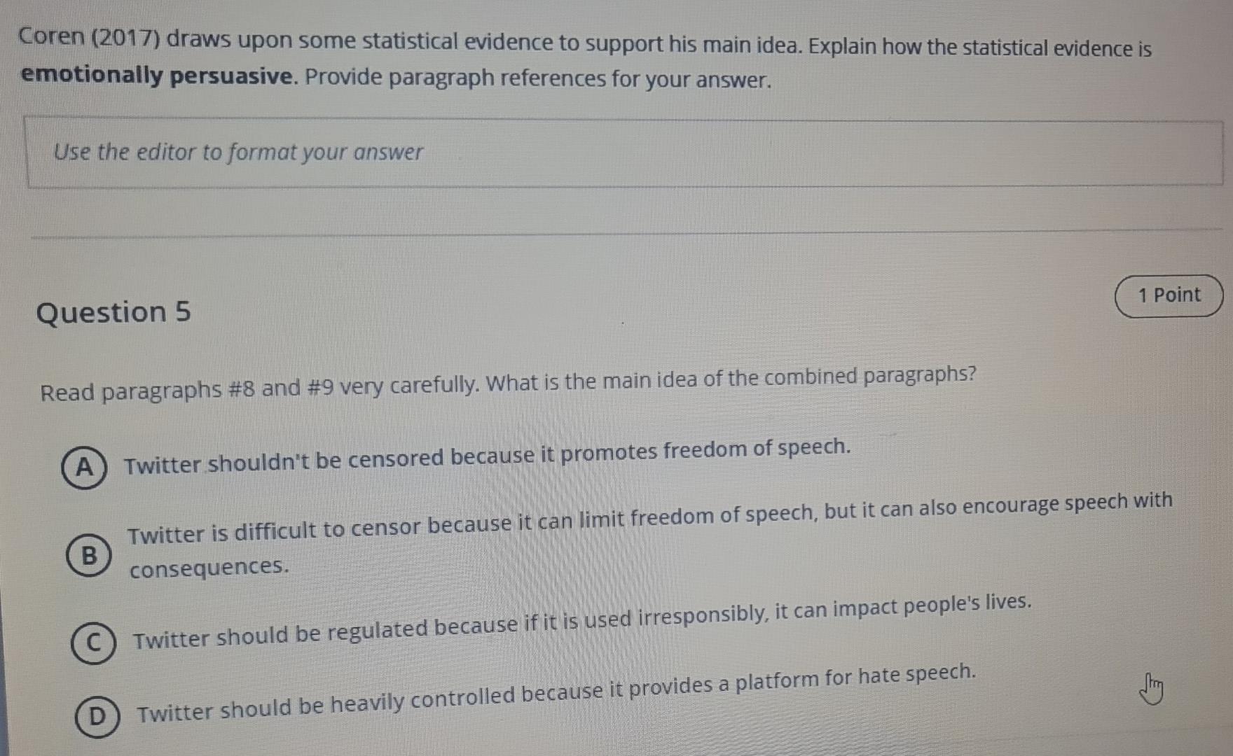 Coren (2017) draws upon some statistical evidence to | Chegg.com
