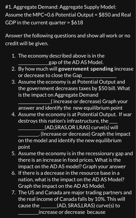 Solved #1. Aggregate Demand: Aggregate Supply Model: Assume | Chegg.com