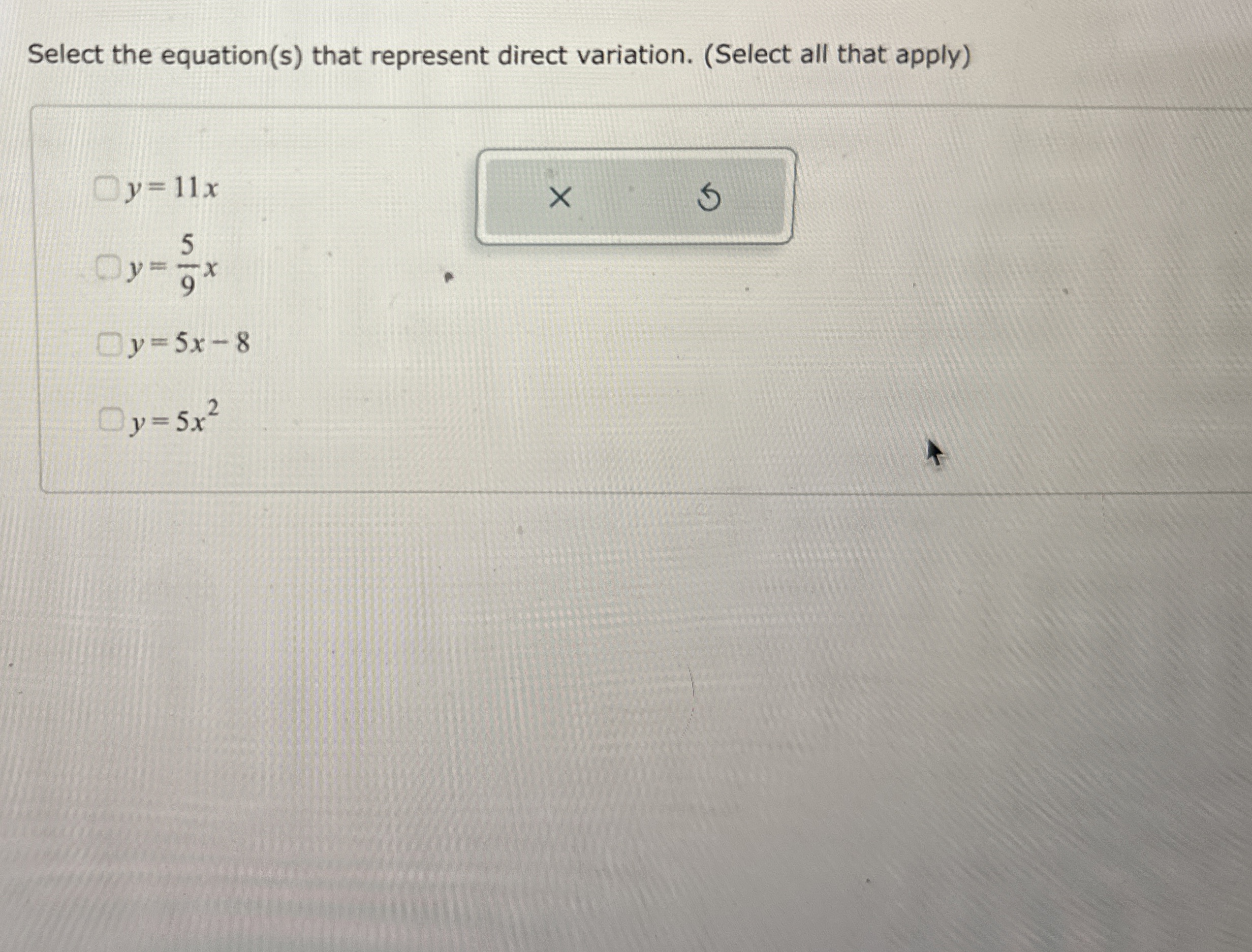 Solved Select the equation(s) ﻿that represent direct | Chegg.com