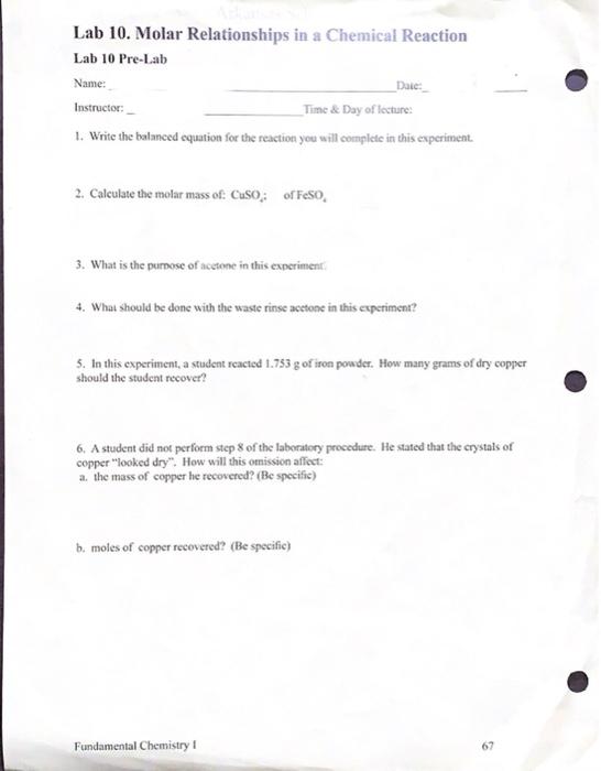 Solved Lab 10. Molar Relationships in a Chemical Reaction | Chegg.com