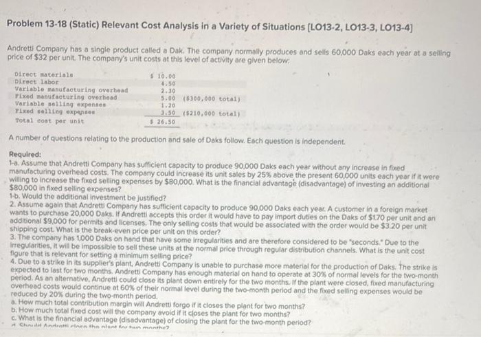 Solved Problem 13-18 (Static) Relevant Cost Analysis in a | Chegg.com