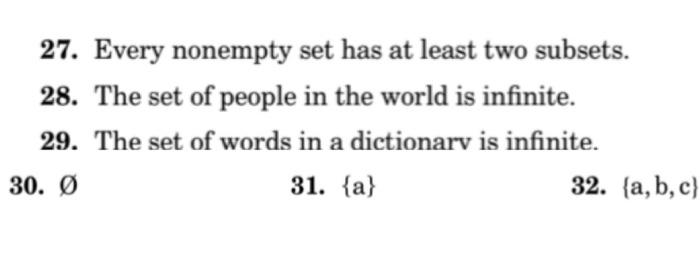 Solved 27. Every nonempty set has at least two subsets. 28. | Chegg.com