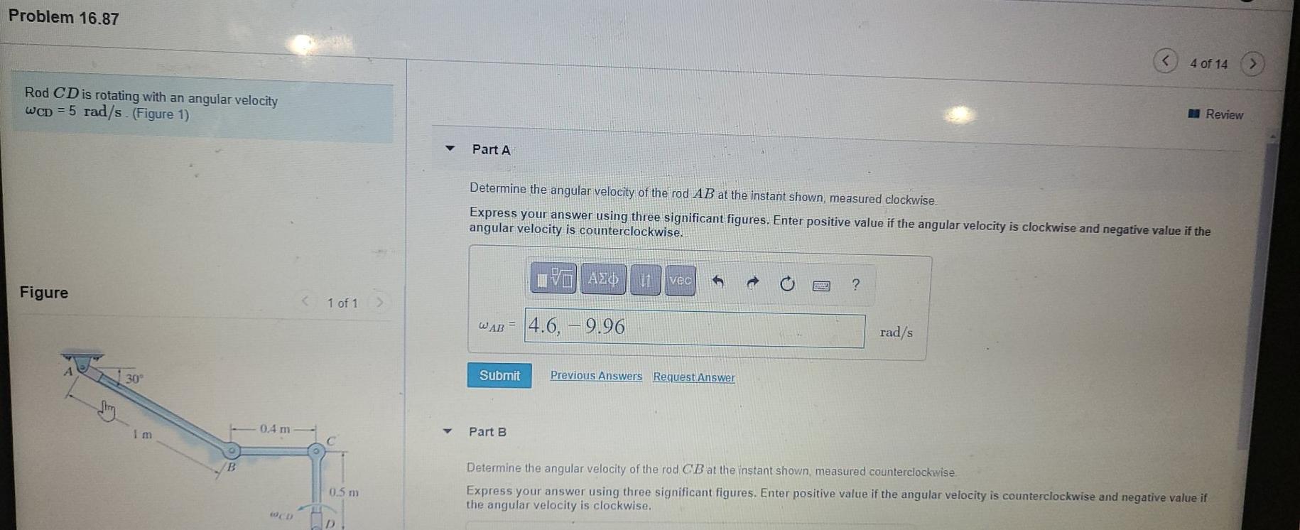 Solved Problem 16.87 Rod CD is rotating with an | Chegg.com