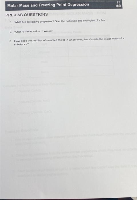 Solved Molar Mass and Freezing Point Depression mo PRE-LAB | Chegg.com