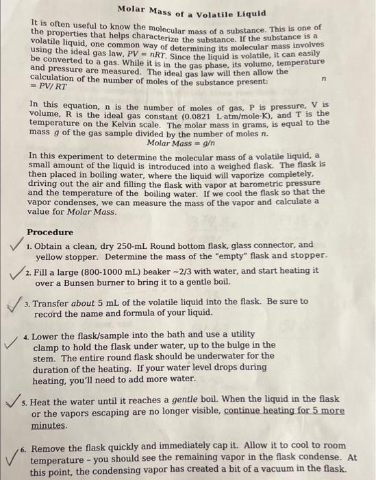 Molar Mass of a Volatile Liquid It is often useful to | Chegg.com