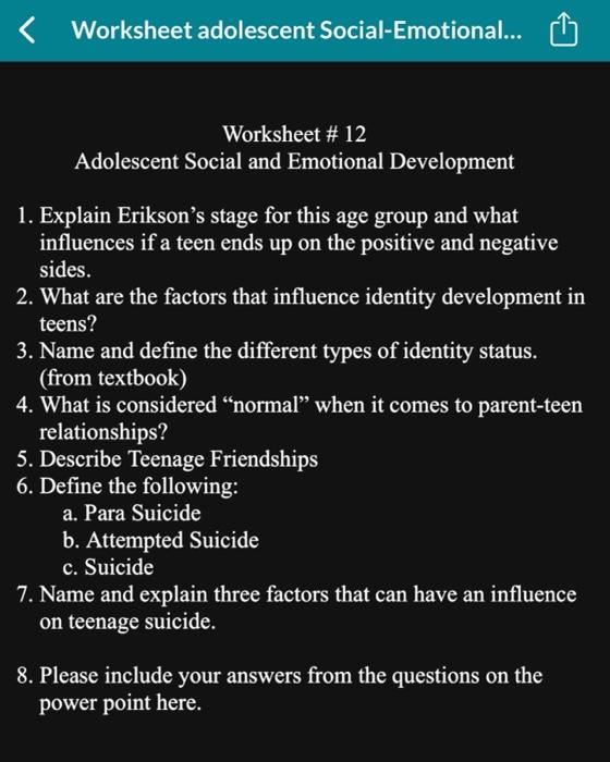Worksheet adolescent Social-Emotional... Worksheet \# | Chegg.com