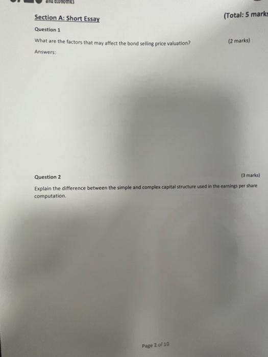 Solved Section A: Short Essay (Total: 5 mark Question 1 What | Chegg.com