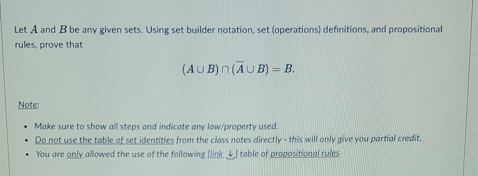 Solved Let A and B be any given sets. Using set builder | Chegg.com