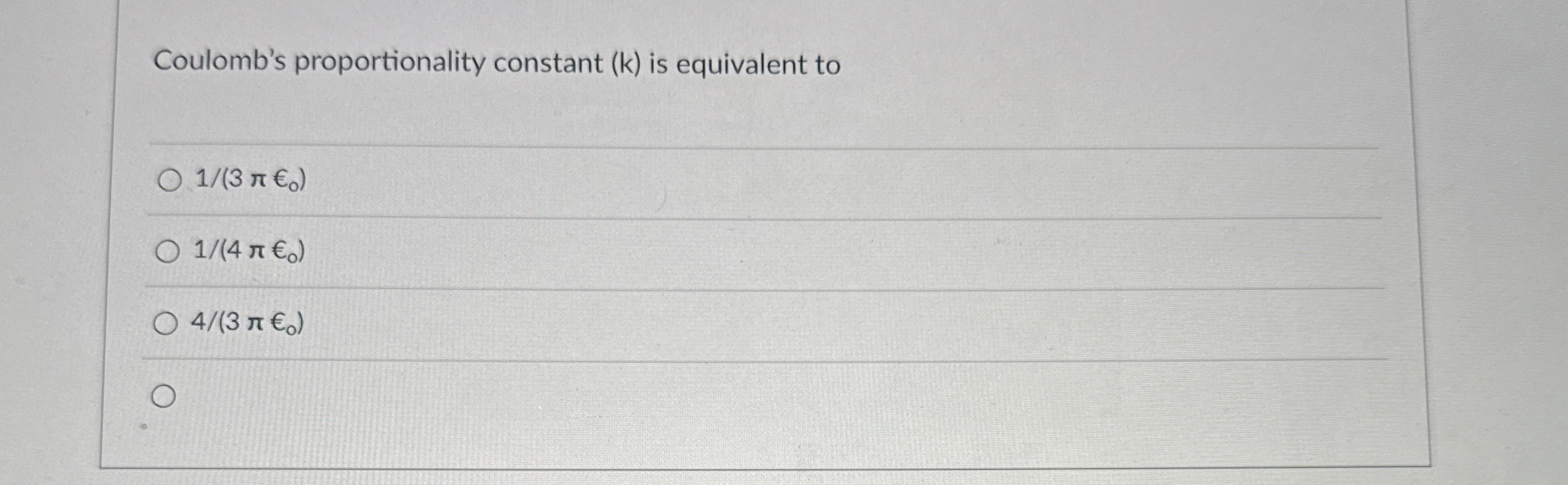 Solved Coulomb's proportionality constant (k) ﻿is equivalent | Chegg.com