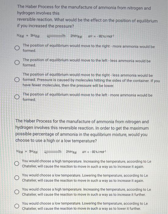 Solved The Haber Process for the manufacture of ammonia from | Chegg.com