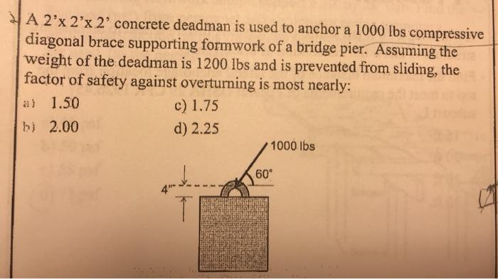Solved HA 2'x 2’x 2' concrete deadman is used to anchor a | Chegg.com