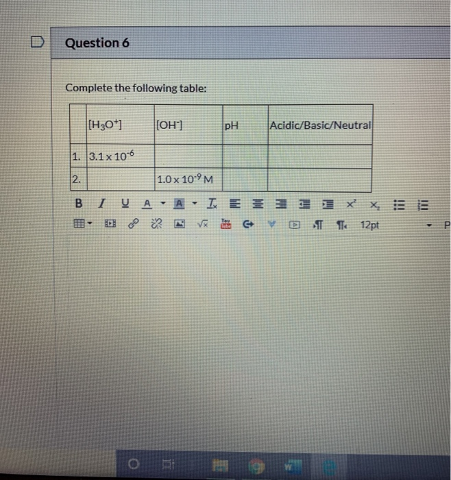 Solved Question 6 Complete the following table: [H3O+] [OH] | Chegg.com