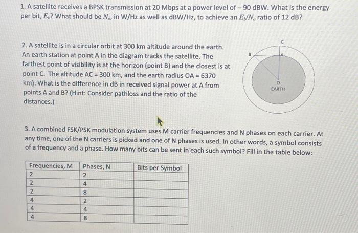 Solved 1. A satellite receives a BPSK transmission at 20Mbps | Chegg.com