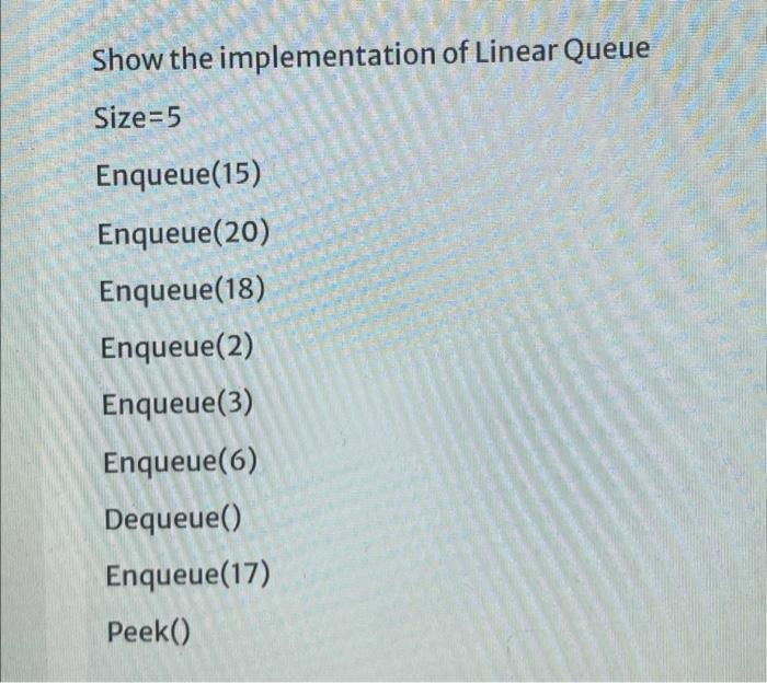 Solved Show the implementation of Linear Queue Size=5 | Chegg.com