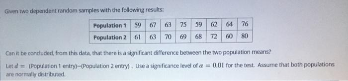 Solved Given two dependent random samples with the following | Chegg.com