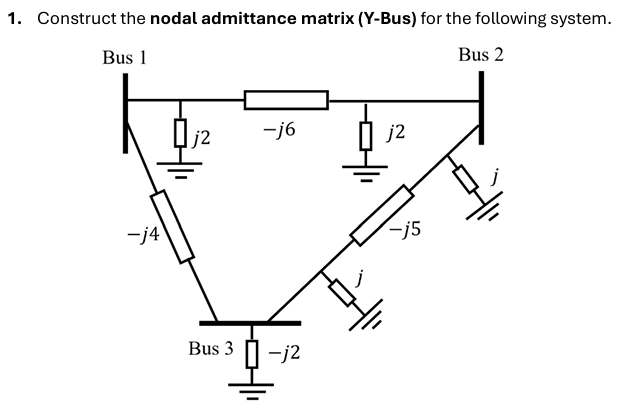 Solved 1. ﻿Construct the nodal admittance matrix (Y-Bus) | Chegg.com