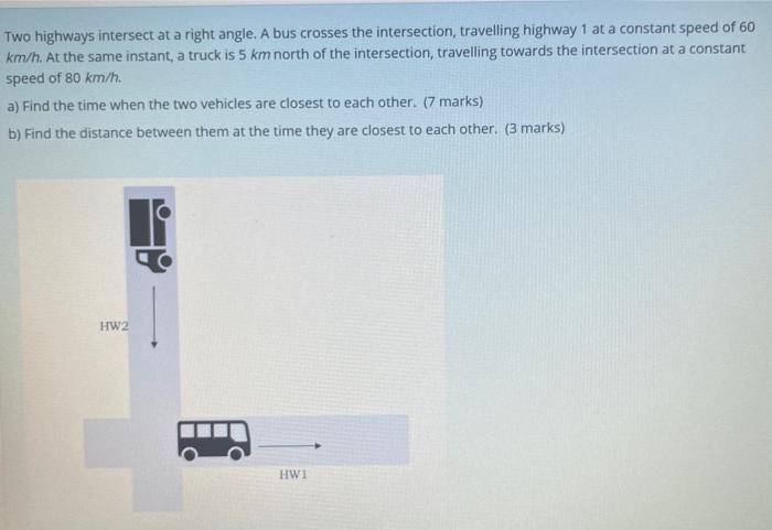 Solved Two highways intersect at a right angle. A bus | Chegg.com