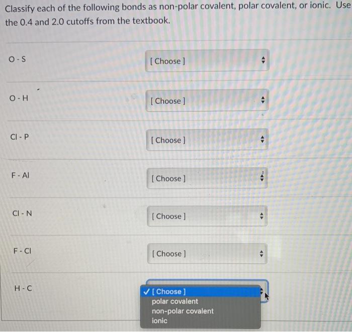 Solved Classify each of the following bonds as non-polar | Chegg.com