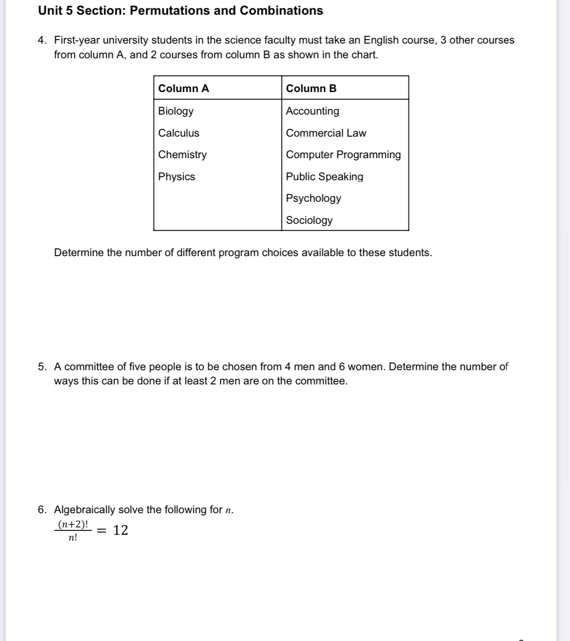 Solved Unit 5 ﻿Section: Permutations and Combinations4. | Chegg.com
